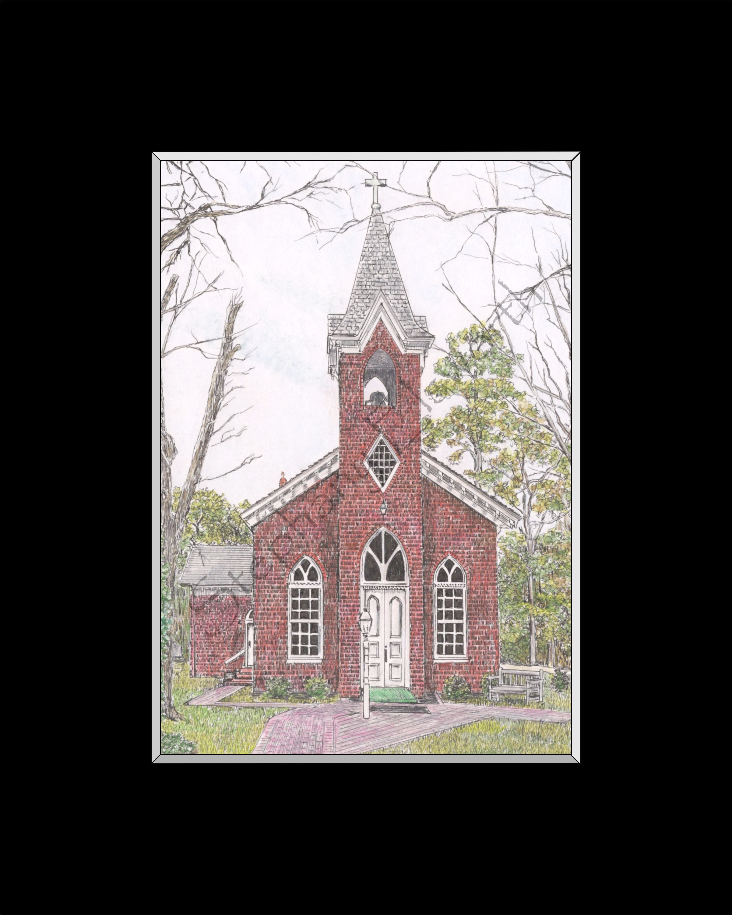 Christ Church at Kingston Parish 5 x 7 Original Pen and Ink/Colored Pe ...